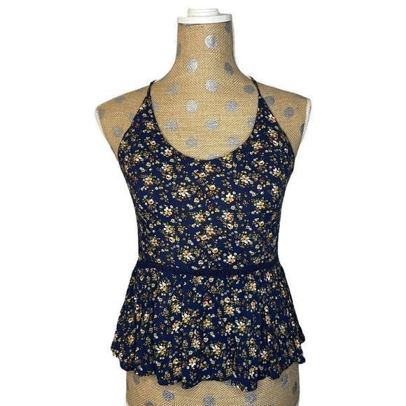 Shasa | Tops | Shasa Womens Navy Blue Floral Flounce Low Open Back ...
